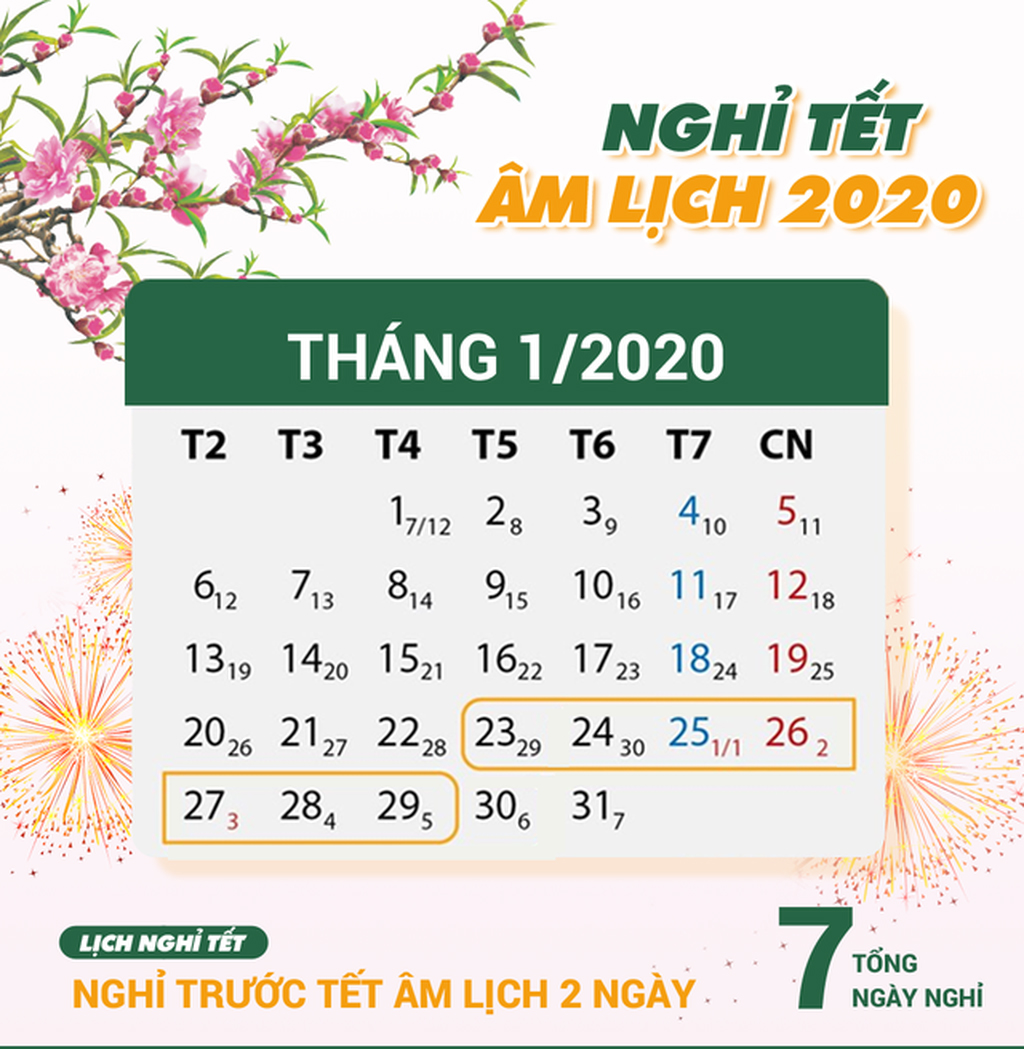 Lịch nghỉ tết Nguyên Đán Canh Tý và Tết Dương Lịch 2020 mới nhất